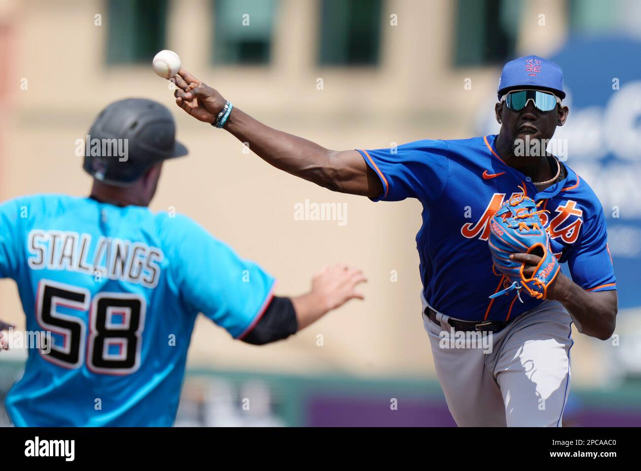 Miami Marlins' Jacob Stallings (58) is out at second as New York Mets ...