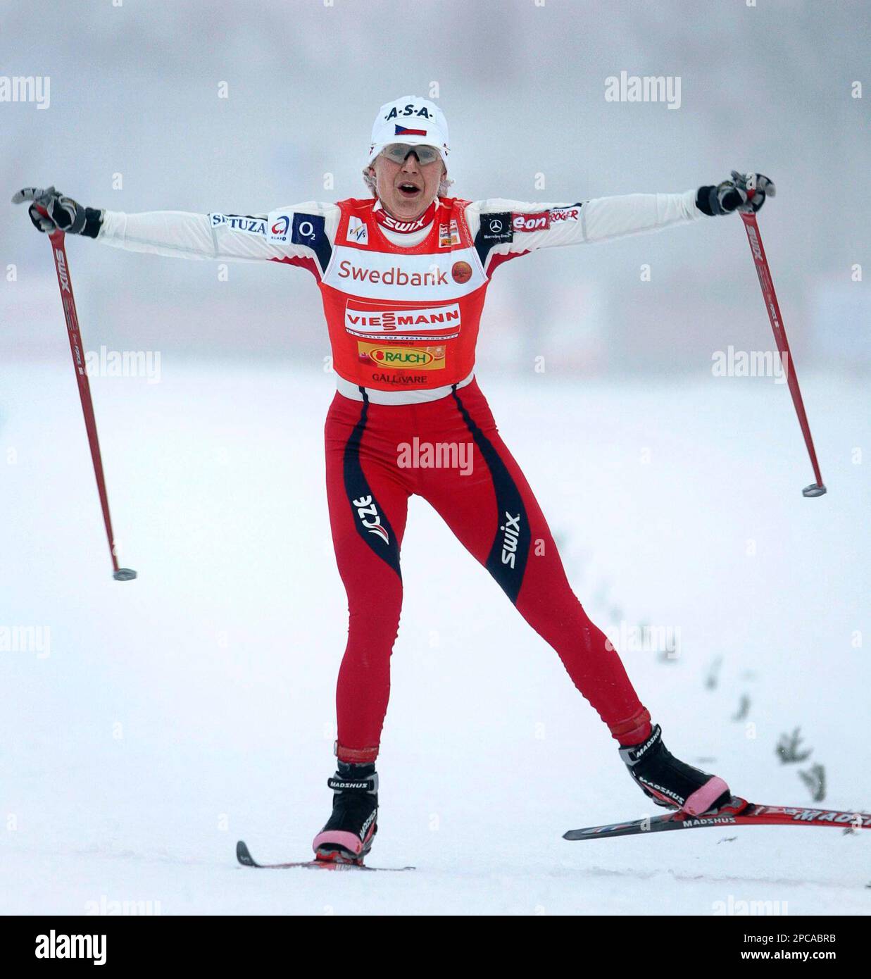 Katerina Neumannova (CZE) reacts after she won the ladies 10km F event ...
