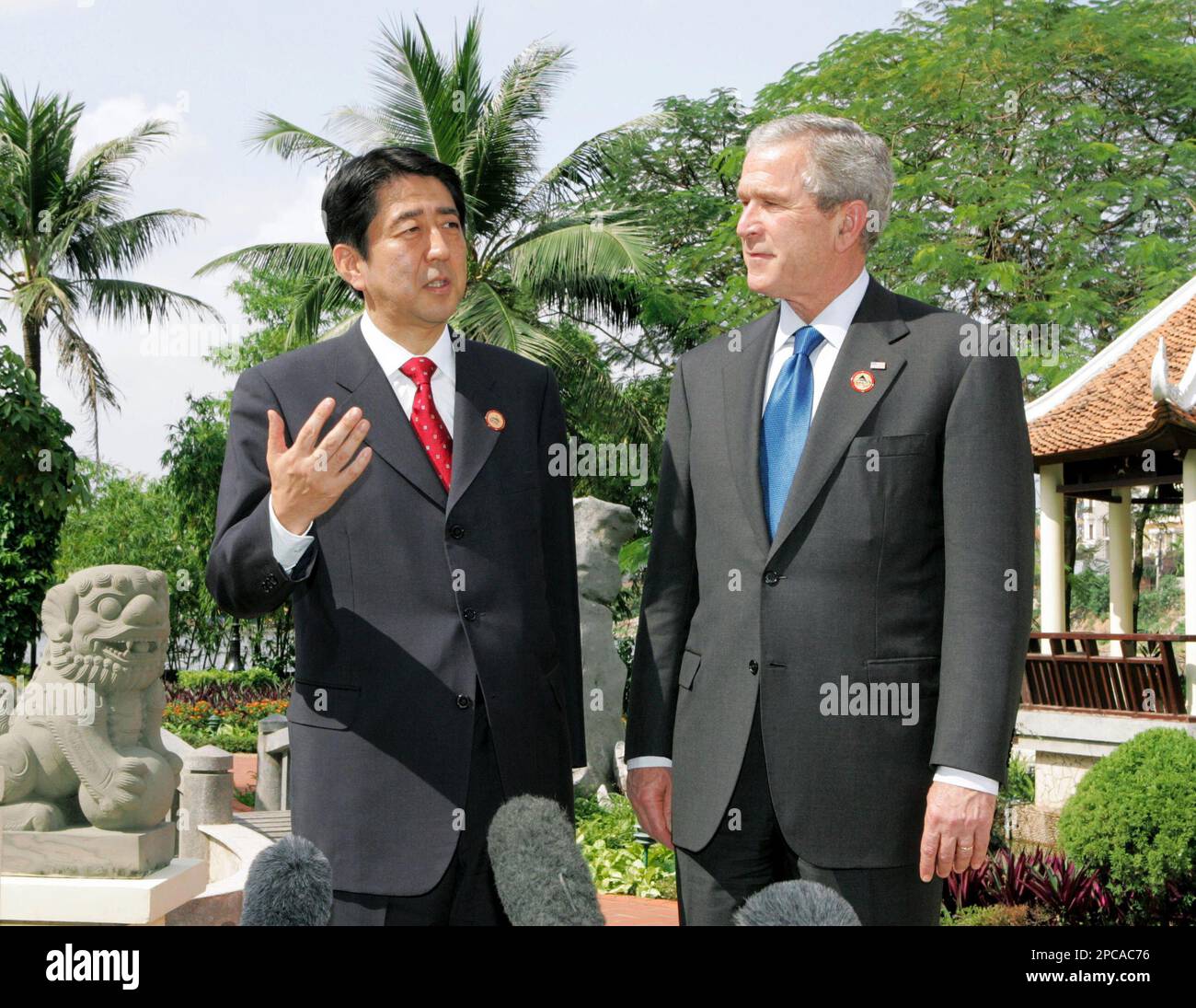 Japan's Prime Minister Shinzo Abe, left, speaks as U.S. President ...