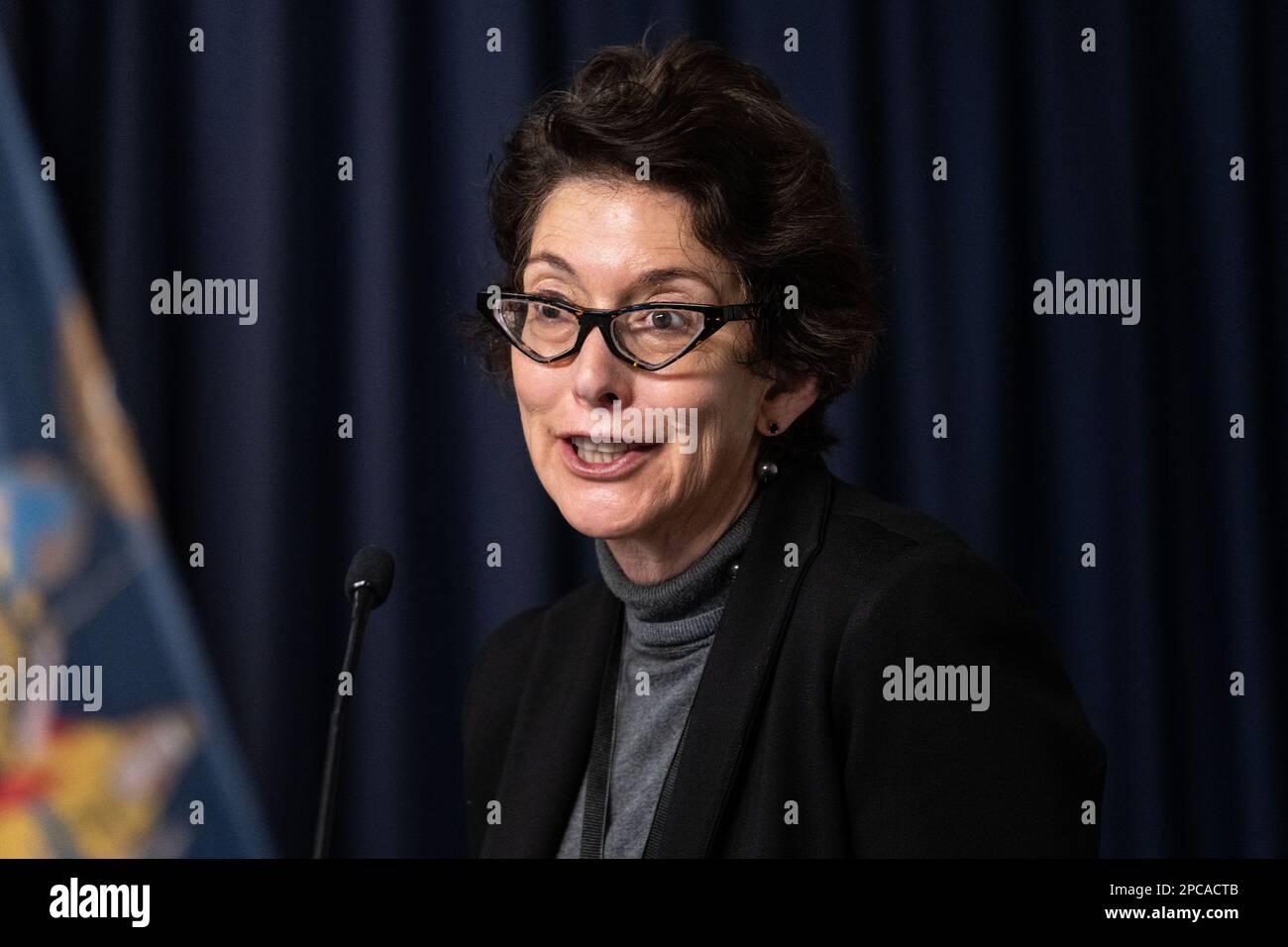 New York, USA. 13th Mar, 2023. Counsel to the Governor Liz Fine speaks ...