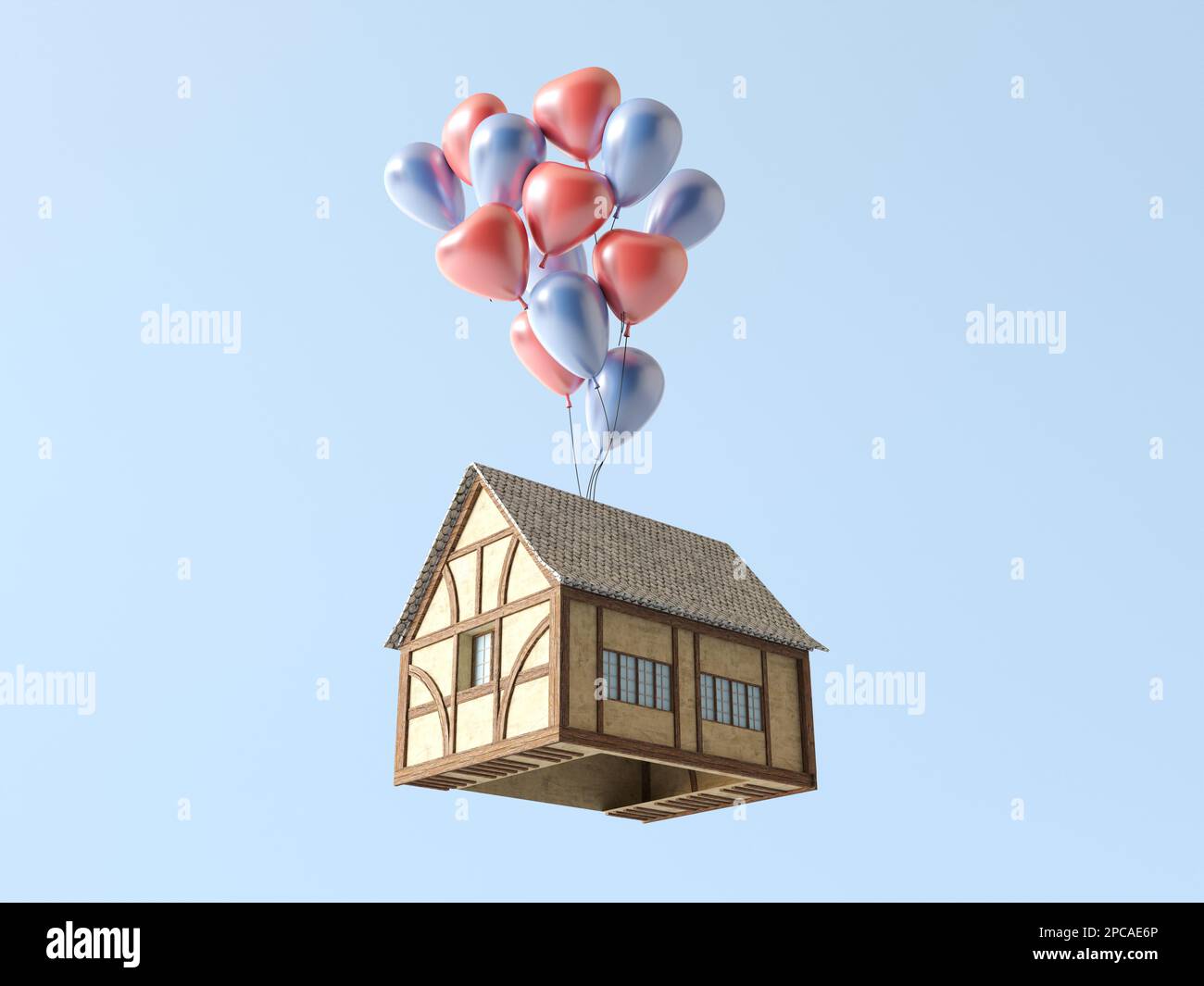 Moving house concept with lots of colorful balloons flying. Miniature ...
