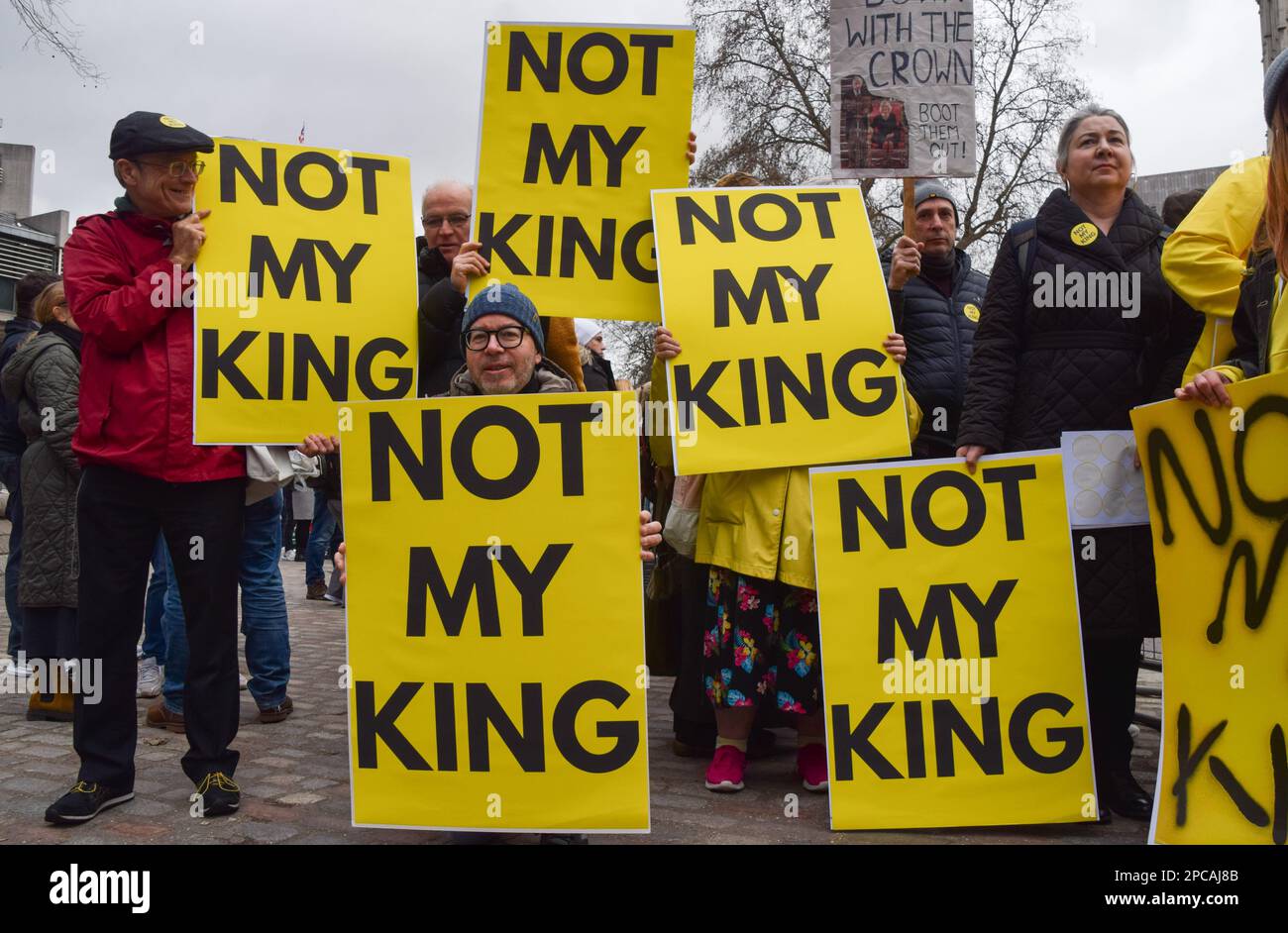 London, UK. 13th March 2023. Anti-monarchy protesters gathered with Not ...