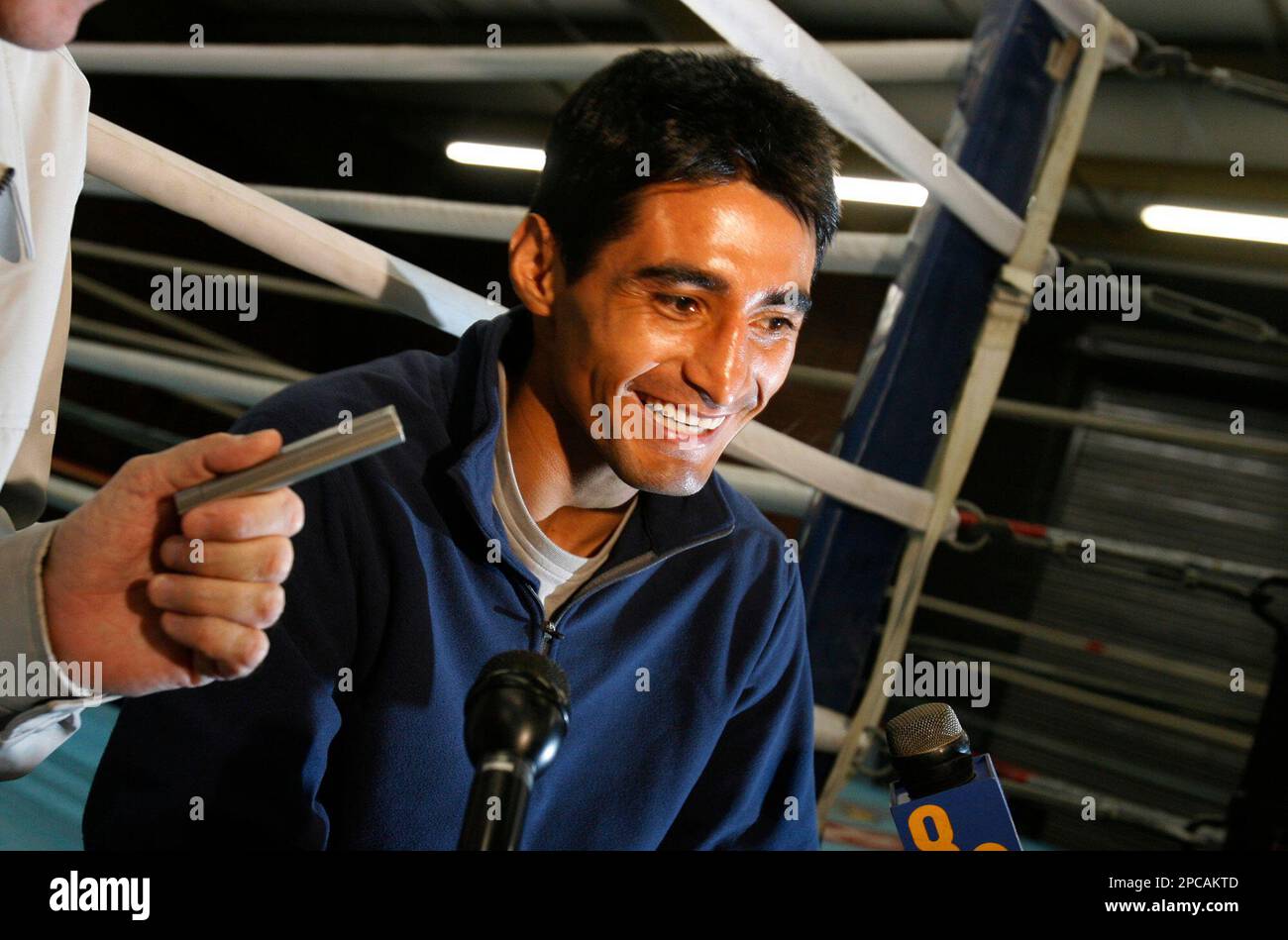 Erik Morales, of Mexico, talks with the press at the Top Rank gym in ...
