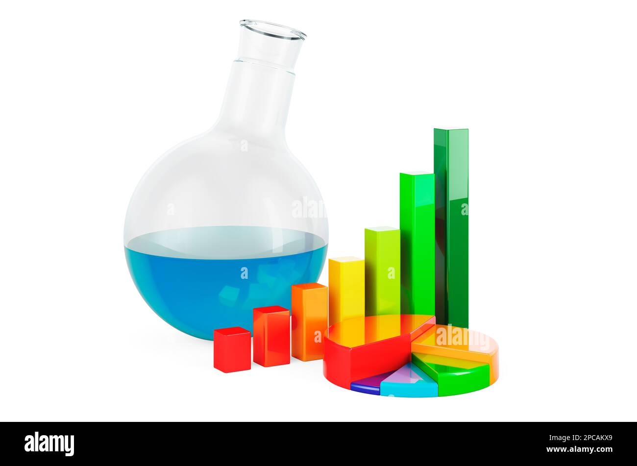 Chemical flask with growth bar graph and pie chart. 3D rendering ...