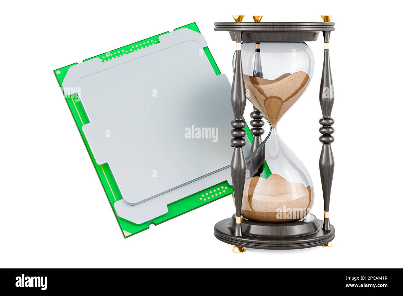 CPU with sand hourglass, 3D rendering isolated on white background ...