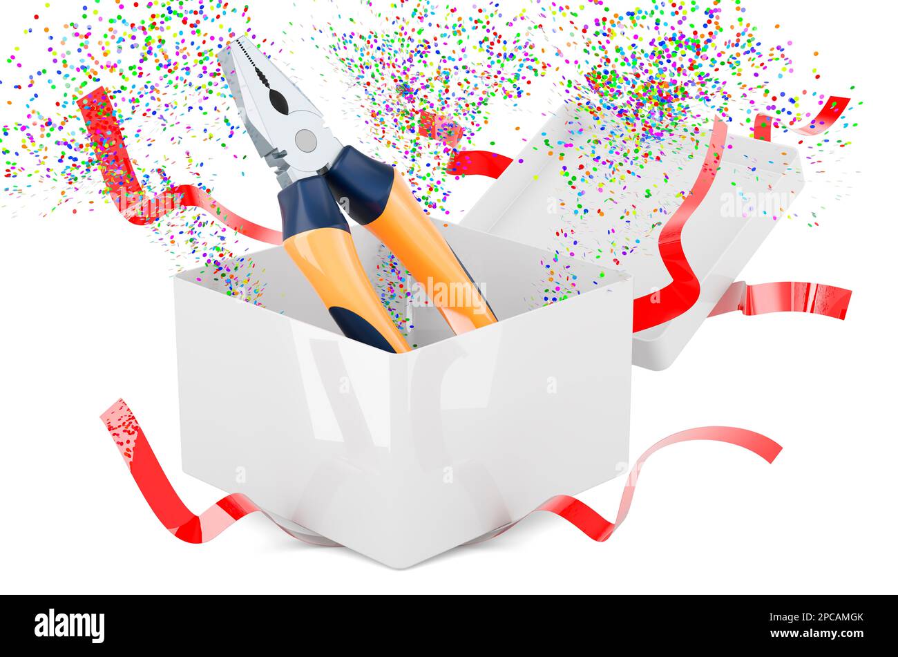 Pliers inside gift box, 3D rendering isolated on white background Stock ...