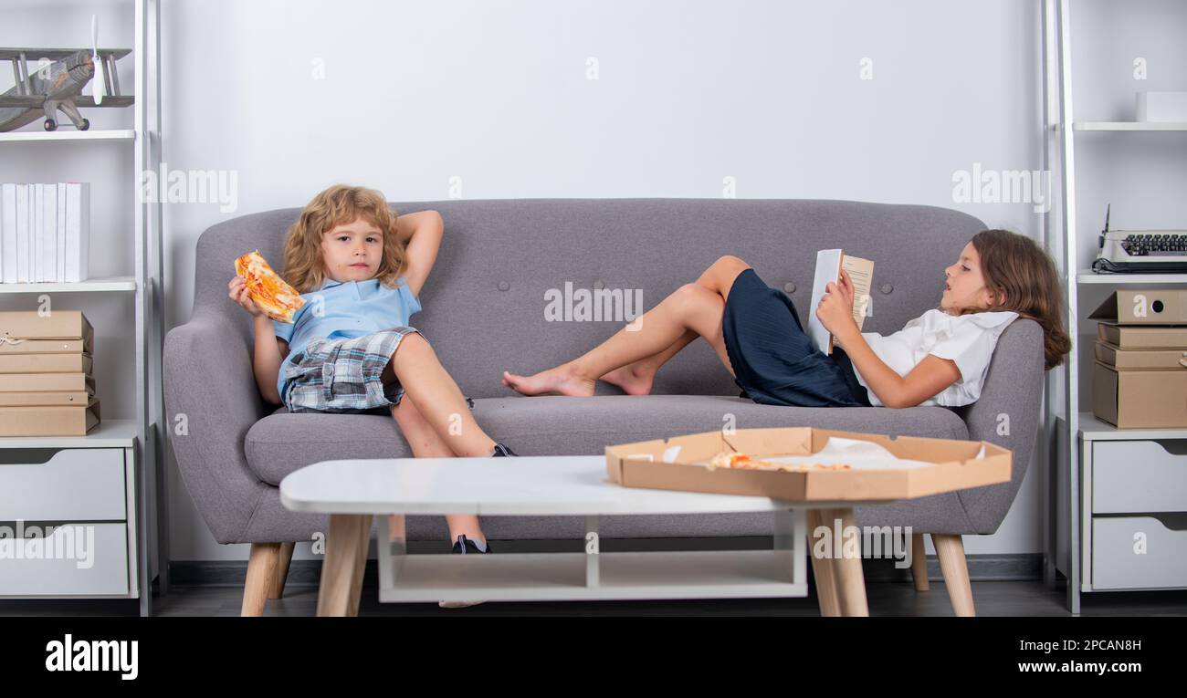 Home kids leisure. Entertainment for children. Kids eating pizza ...