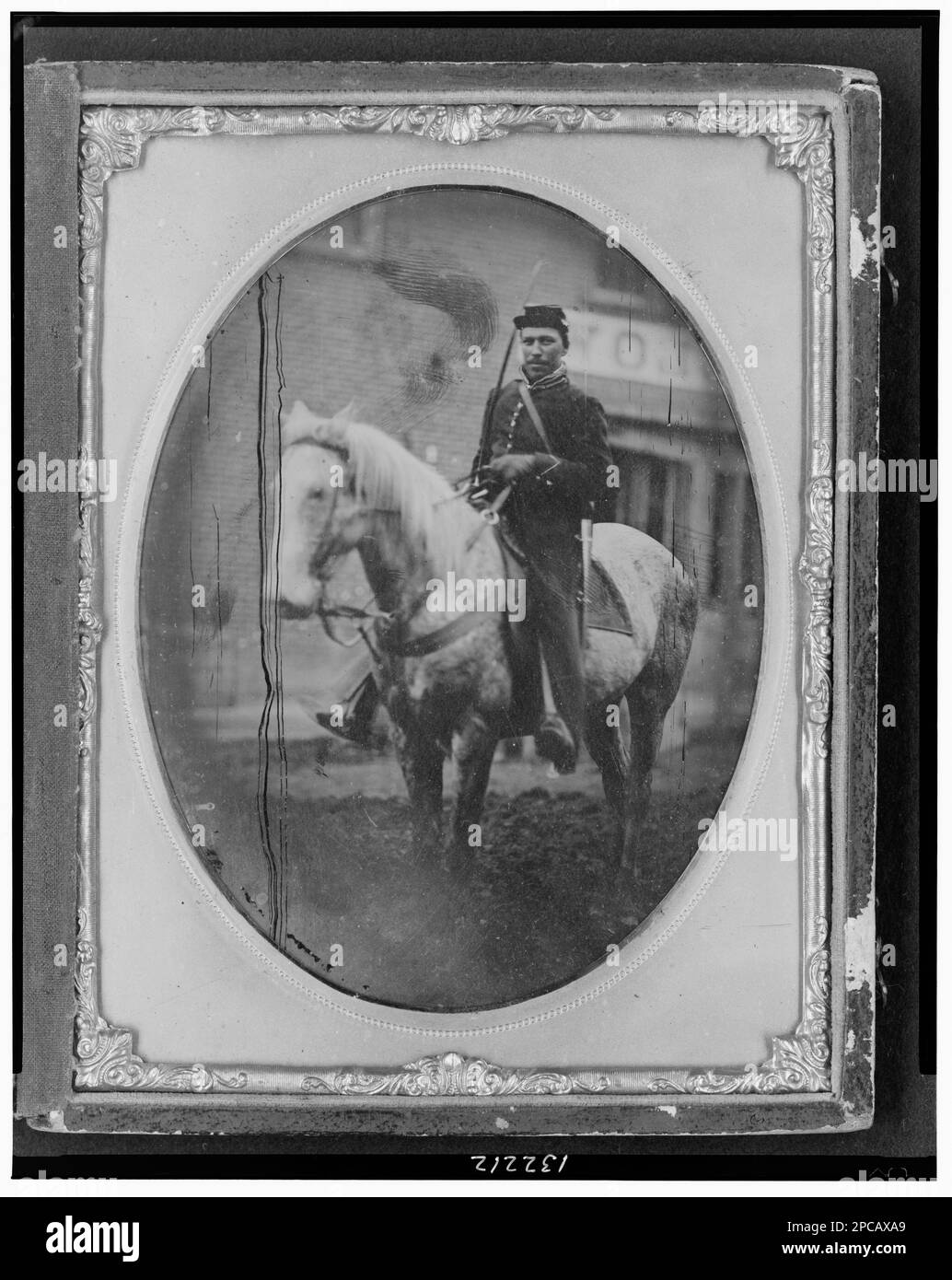 Outdoor scene, mounted cavalry soldier seated on horse. Ambrotype ...