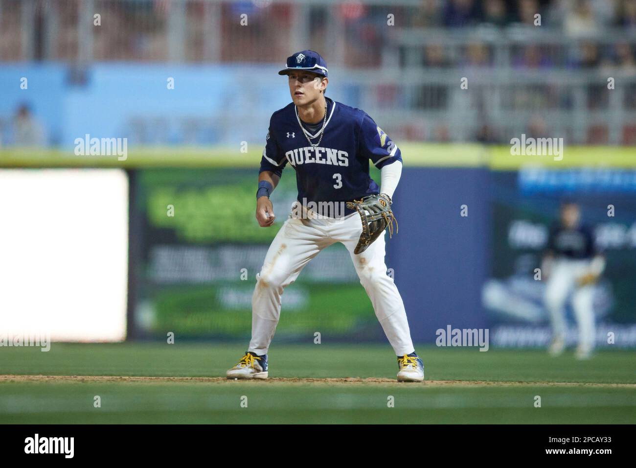Queens Royals first baseman Riley Cheek (3) on defense against the East ...