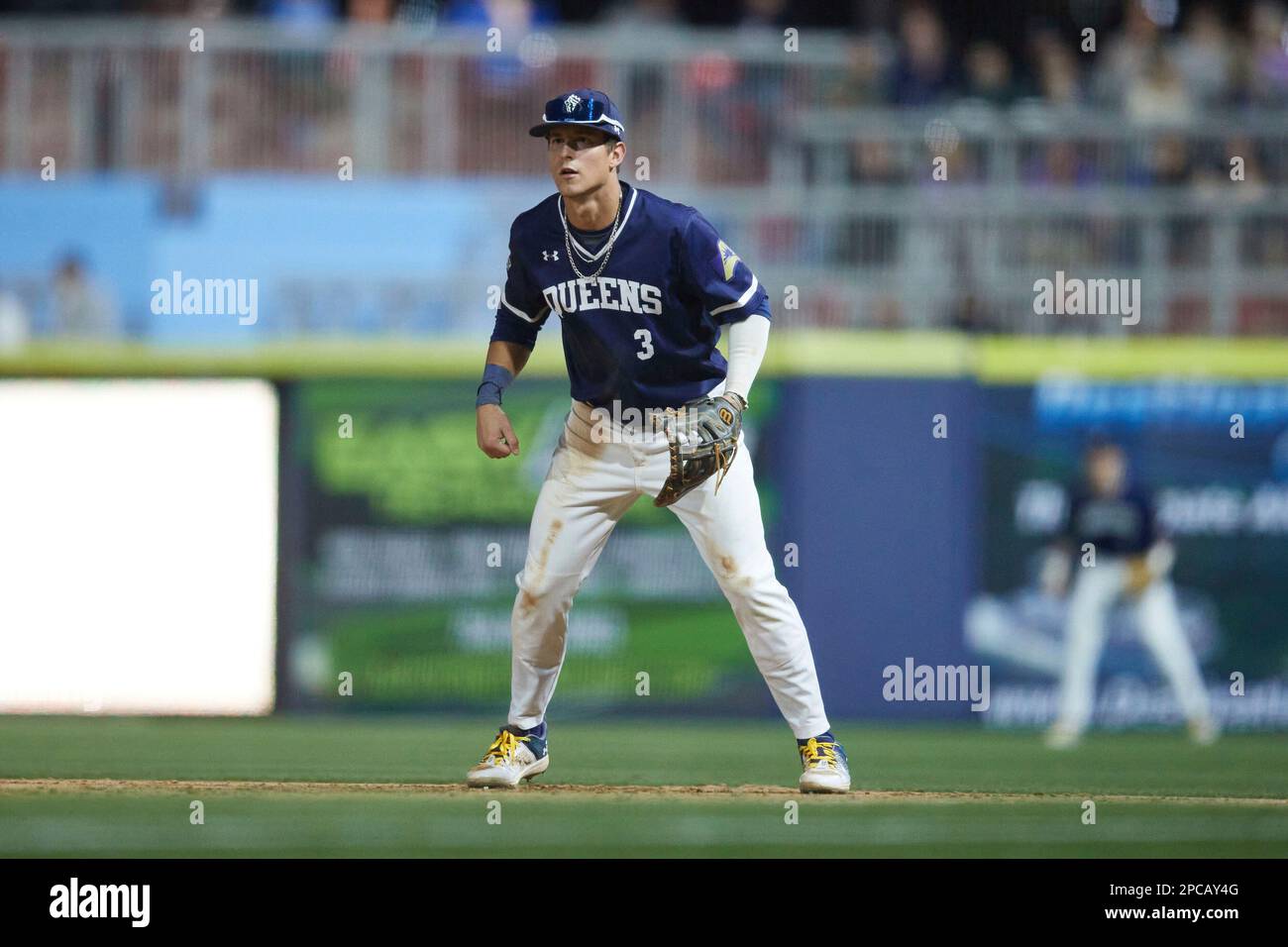 Queens Royals first baseman Riley Cheek (3) on defense against the East ...