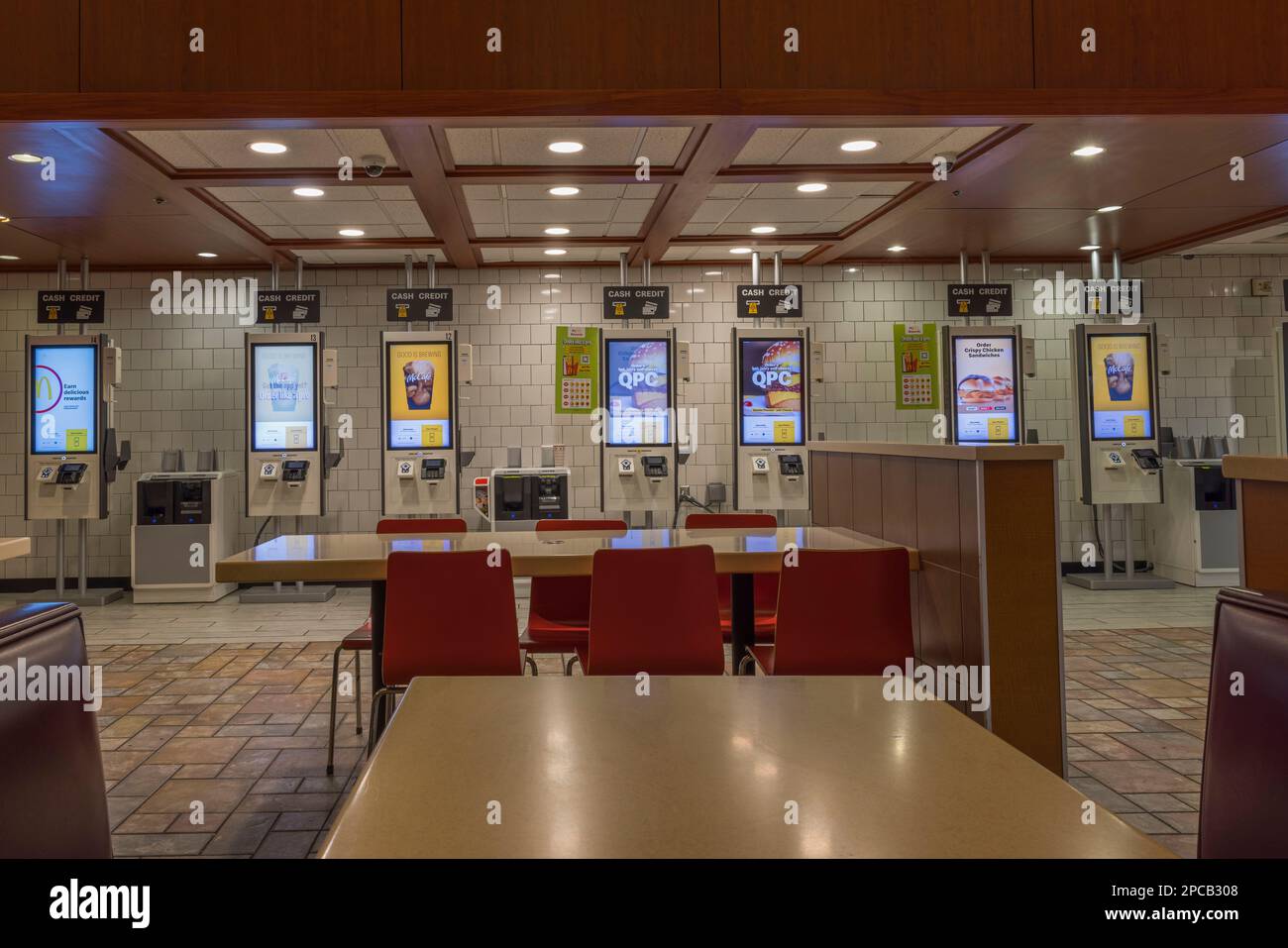Interior view of McDonald's restaurant with Self-ordering kiosks. New ...