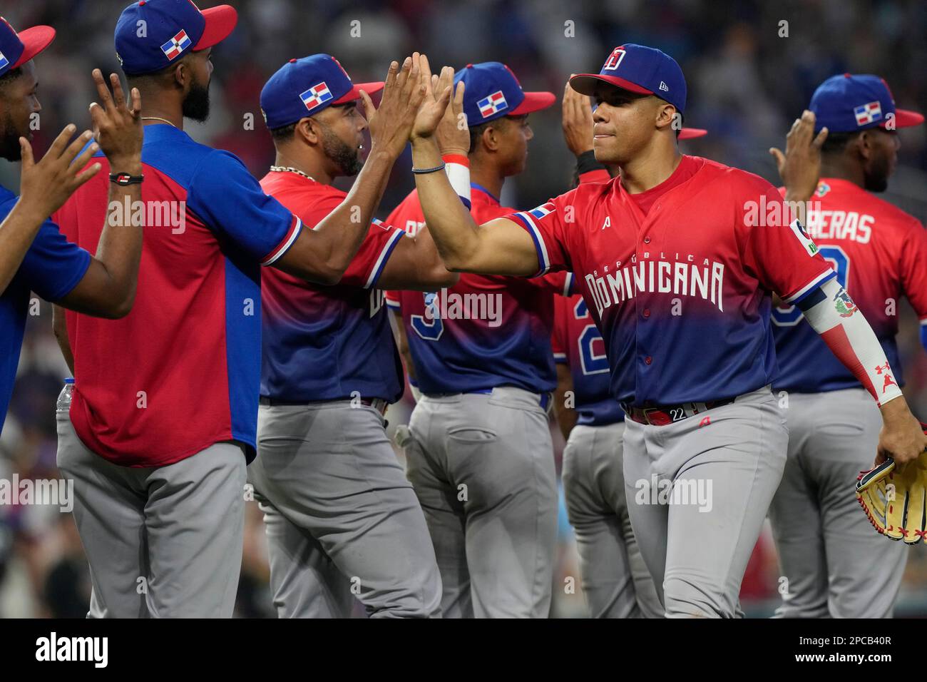 Dominican Republic left fielder Juan Soto celebrates with the team ...