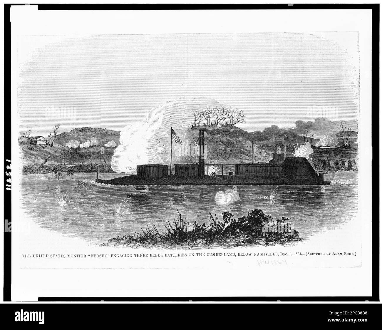 The United States monitor "Neosho" engaging three Rebel batteries on ...