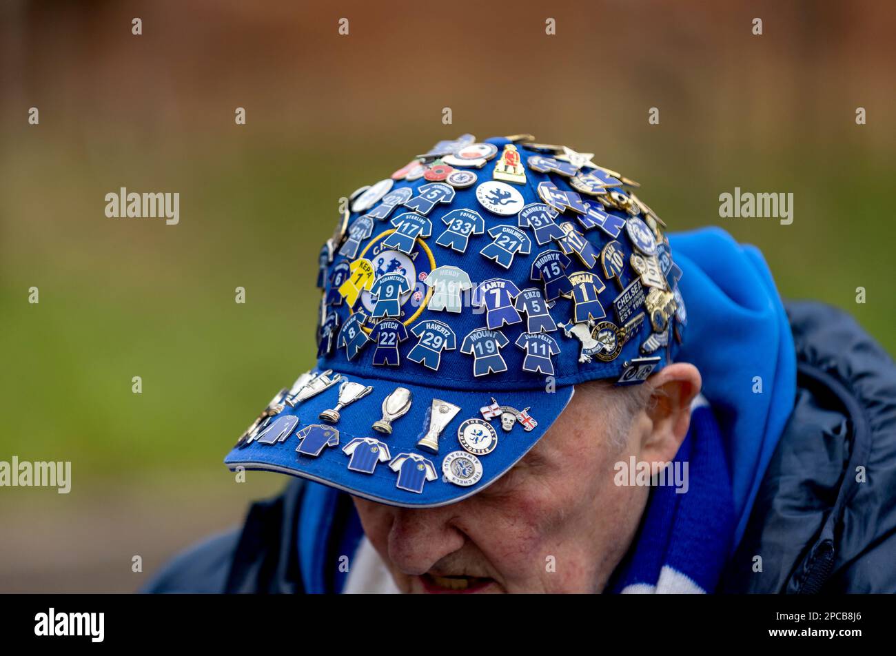 A general view of a pin covered hat worn by a Chelsea fan ahead of the ...