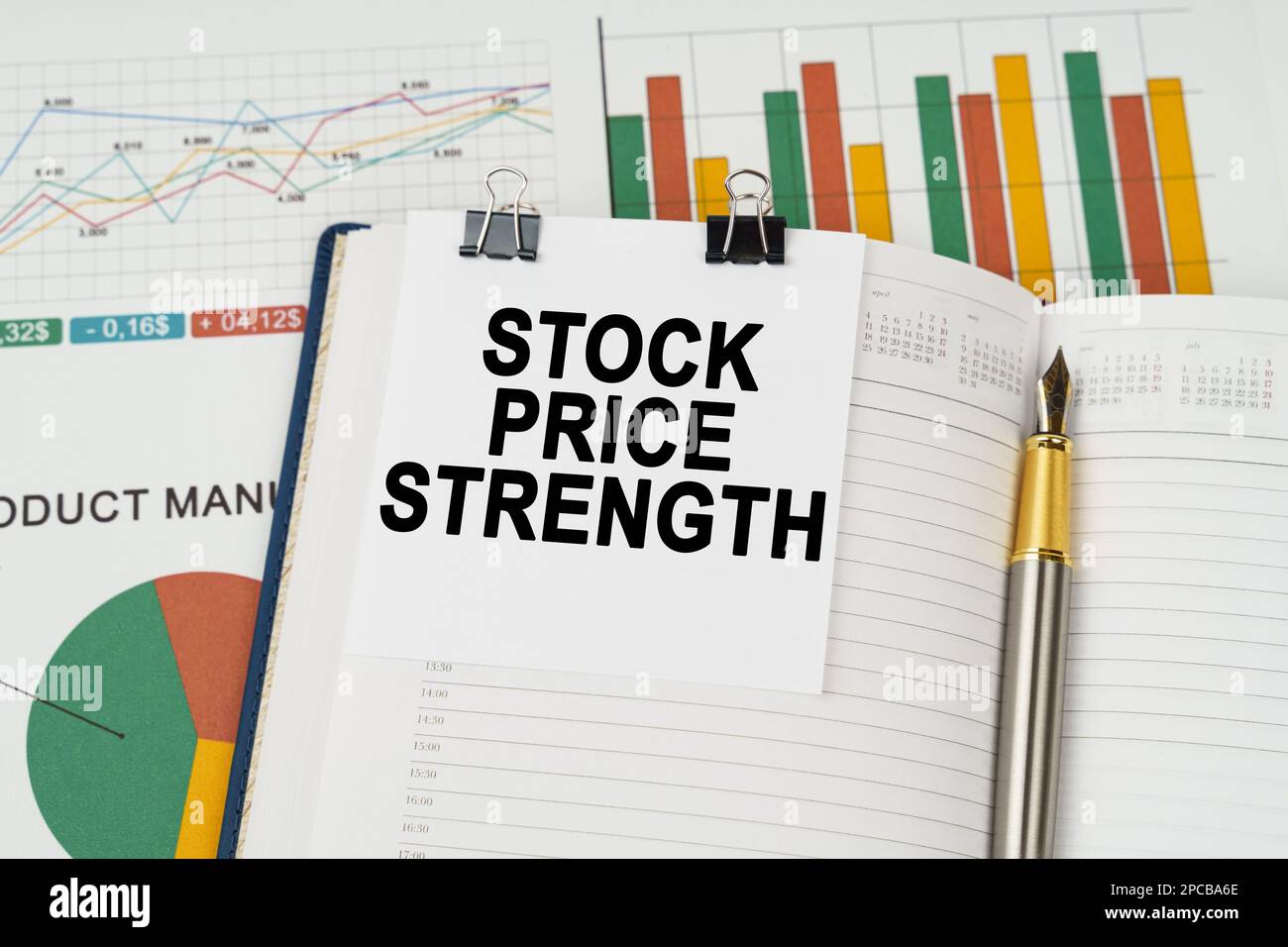 Business concept. On the business charts lies a pen, a notepad with ...