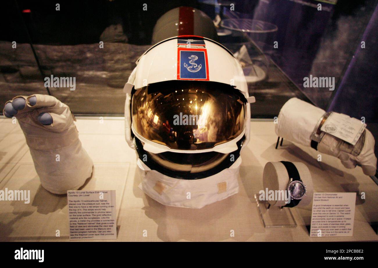 The lunar helmet and gloves from NASA astronaut Jim Lovell's Apollo 13 ...