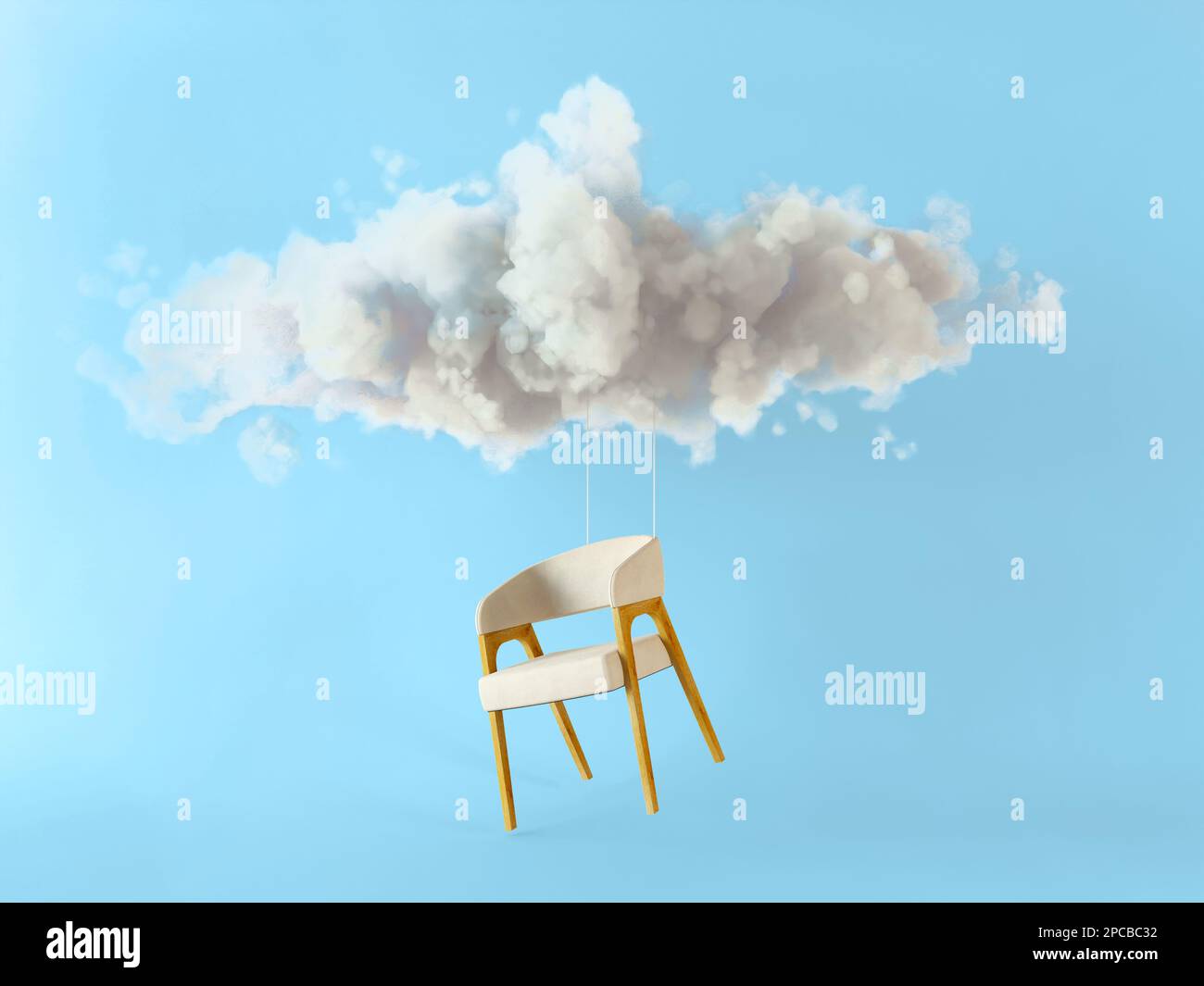 A white chair with white cloud floating on a pastel sky blue background ...