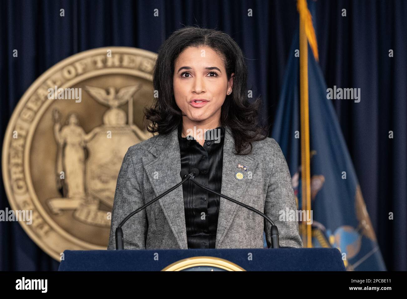 Superintendent Adrienne Harris speaks during Governor Kathy Hochul ...