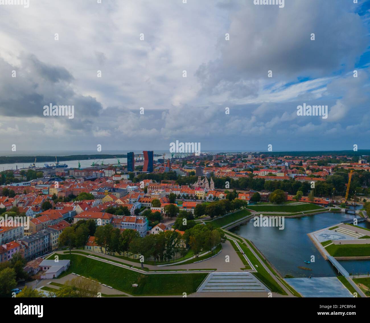 Aerial view of Klaipeda city center and port in horizon. Lithuania ...