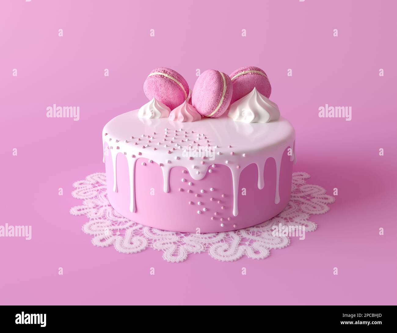 Pink cake with white milk icing, soft meringues and delicious macaroons ...
