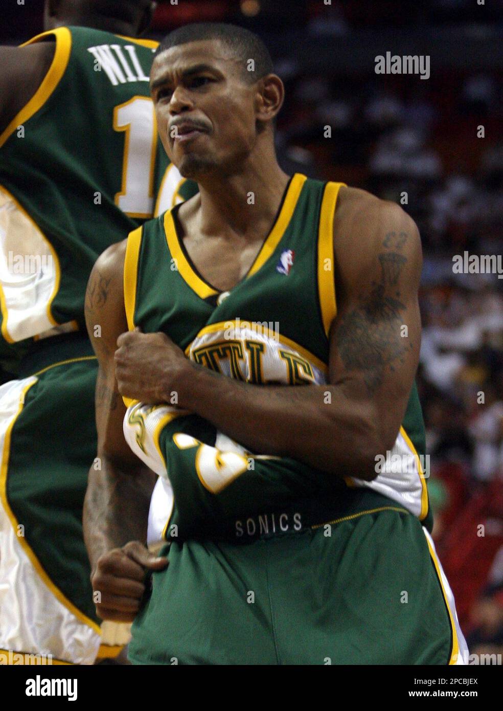 Seattle SuperSonics' Earl Watson reacts to a referee (not pictured ...