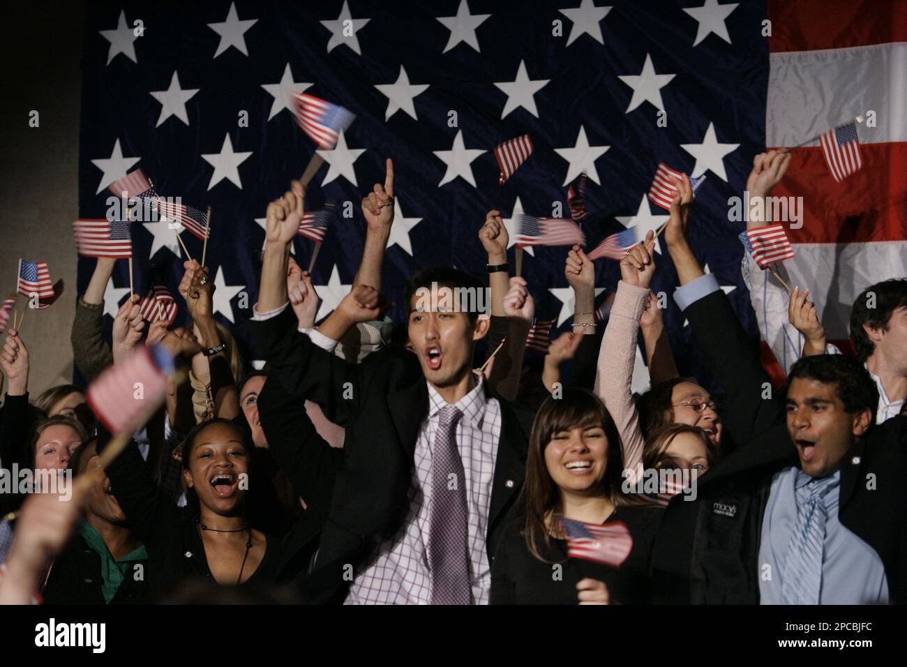 Democratic celebrants rejoice at an election-night rally at the Hyatt ...