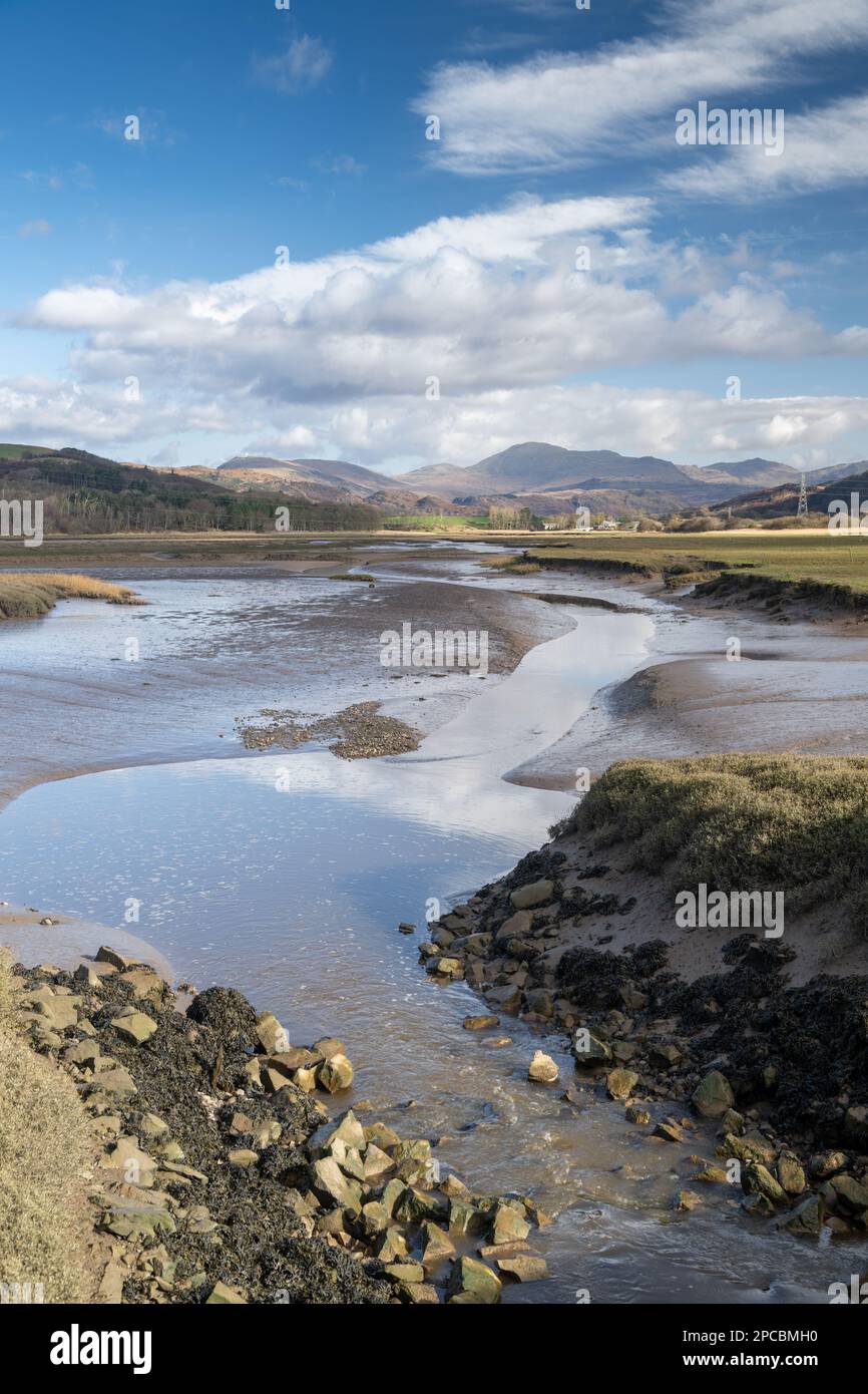 Estuary of the River Esk in Cumbria, which starts in the Scafell range ...
