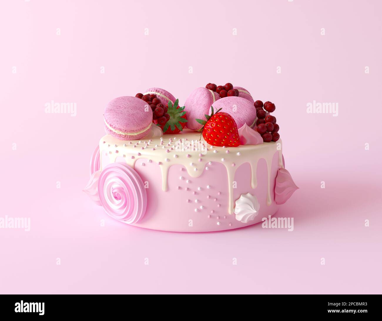 Delicious round sponge cake in pink glaze. A cake for a girl or a woman ...