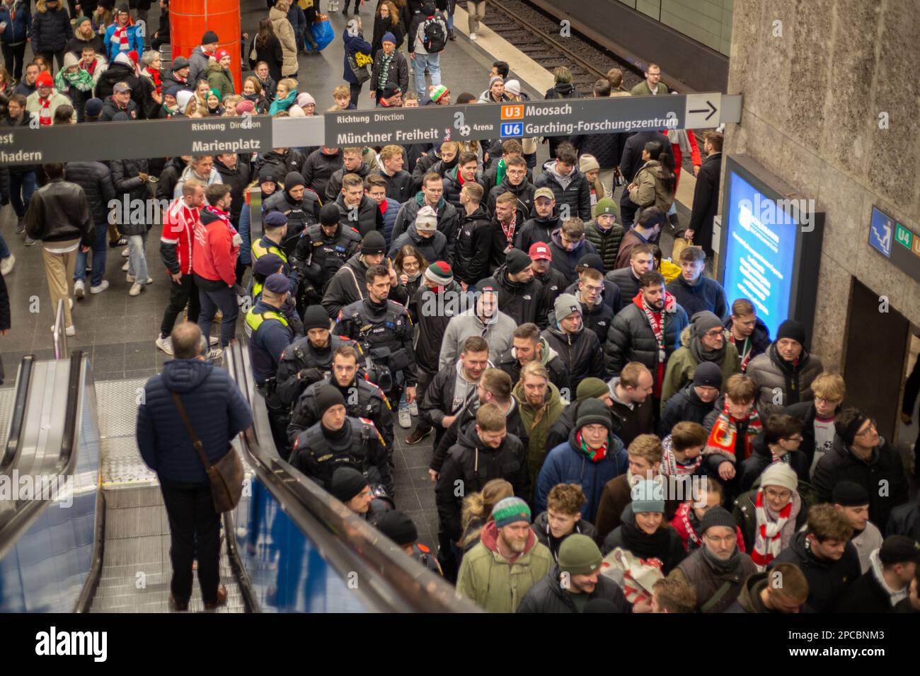 Munich, Germany. 11th Mar, 2023. Overcrowded Metro after the match of ...