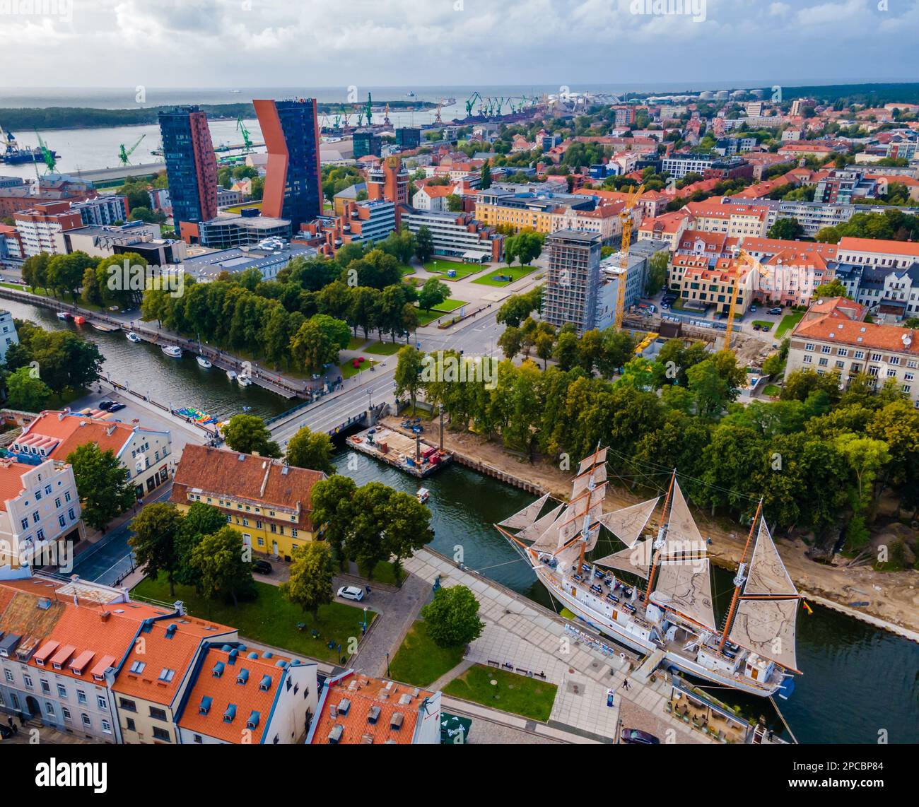 Aerial view of Klaipeda city center and port in horizon. Lithuania ...
