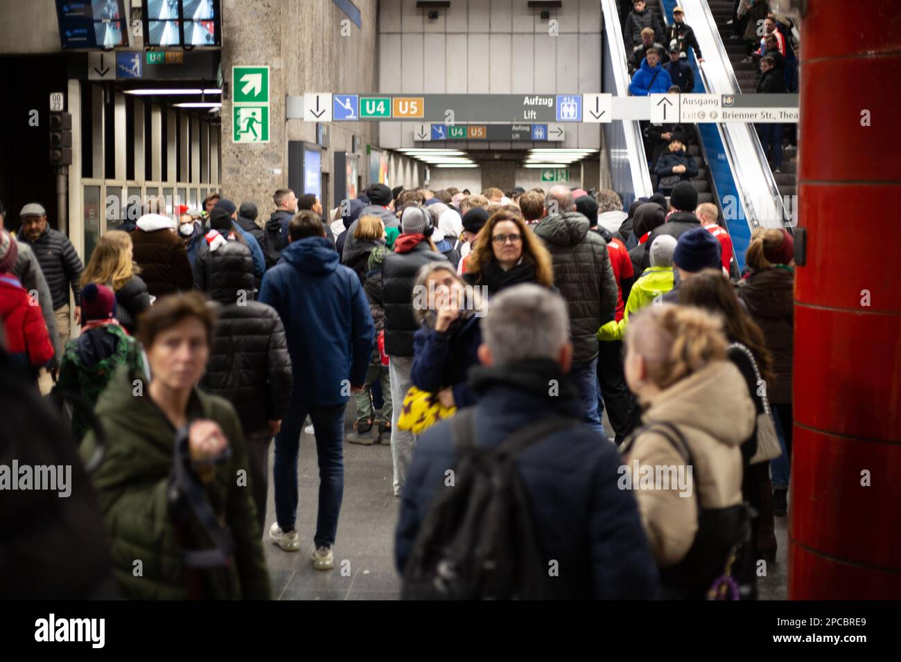 Munich, Germany. 11th Mar, 2023. Overcrowded Metro after the match of ...