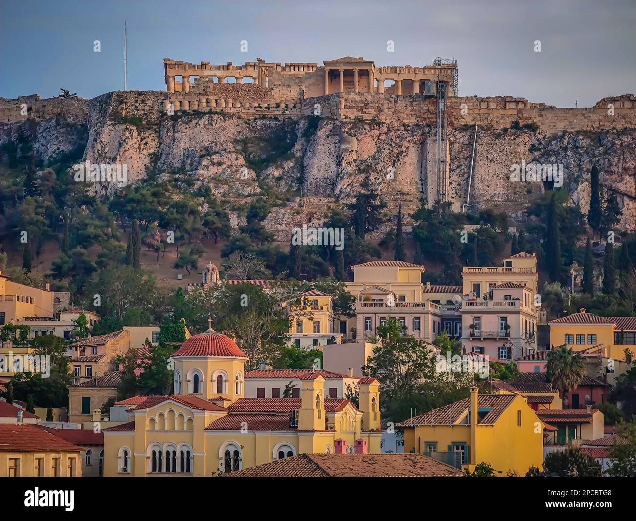 The Acropolis of Athens in Greece. Zoomed panoramic view with the Parthenon Temple on top of the ...