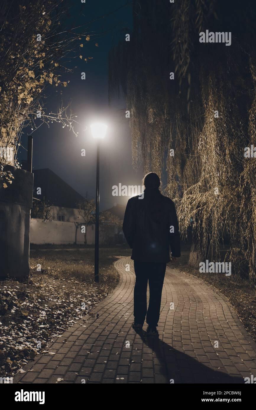 Sad man alone walking along the alley in night foggy park Stock Photo ...
