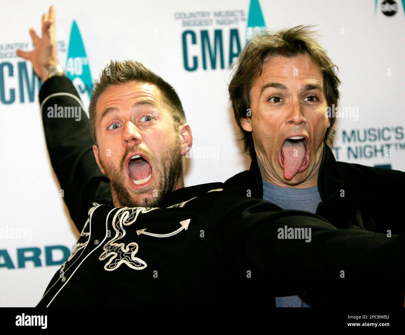 Aaron Benward, left, and Scott Reeves of the band Blue Country arrive ...
