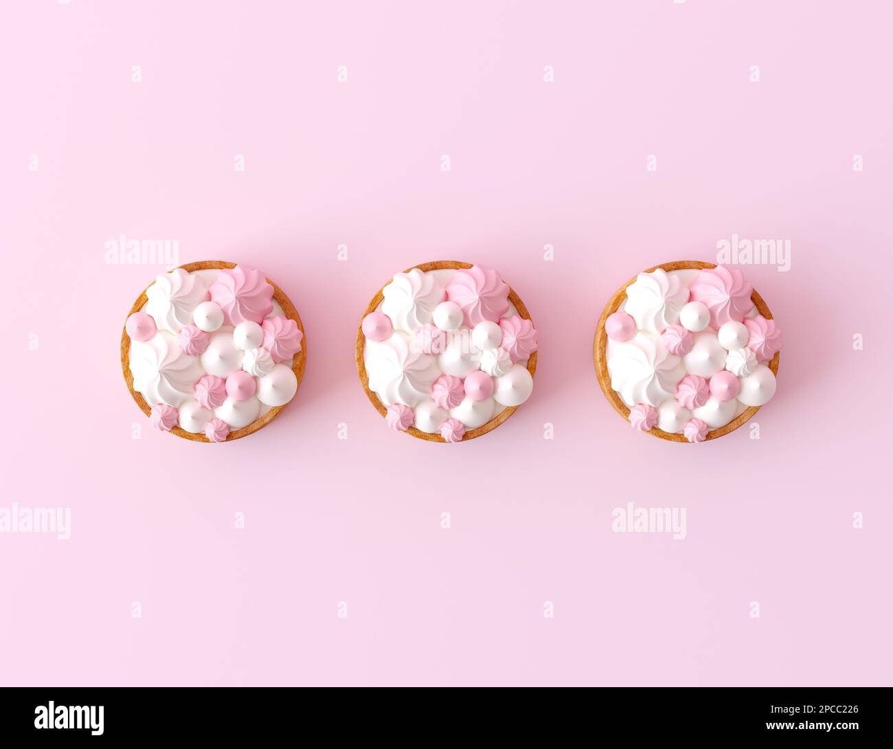 Tartlet with small meringues in white and pink colors, top view ...