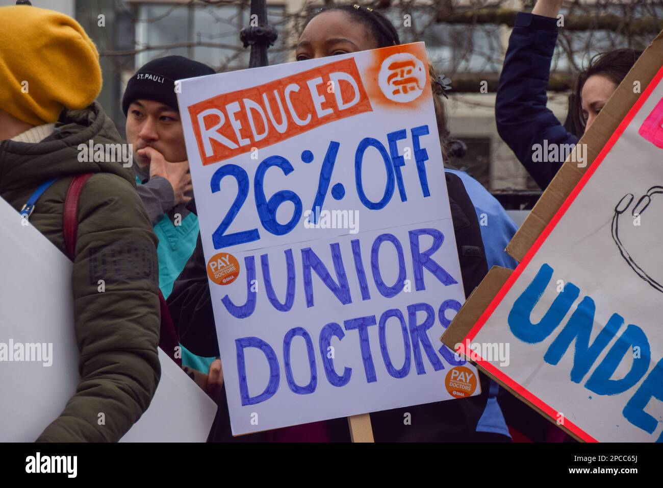 London, UK. 13th March 2023. BMA (British Medical Association) picket outside St Thomas ...