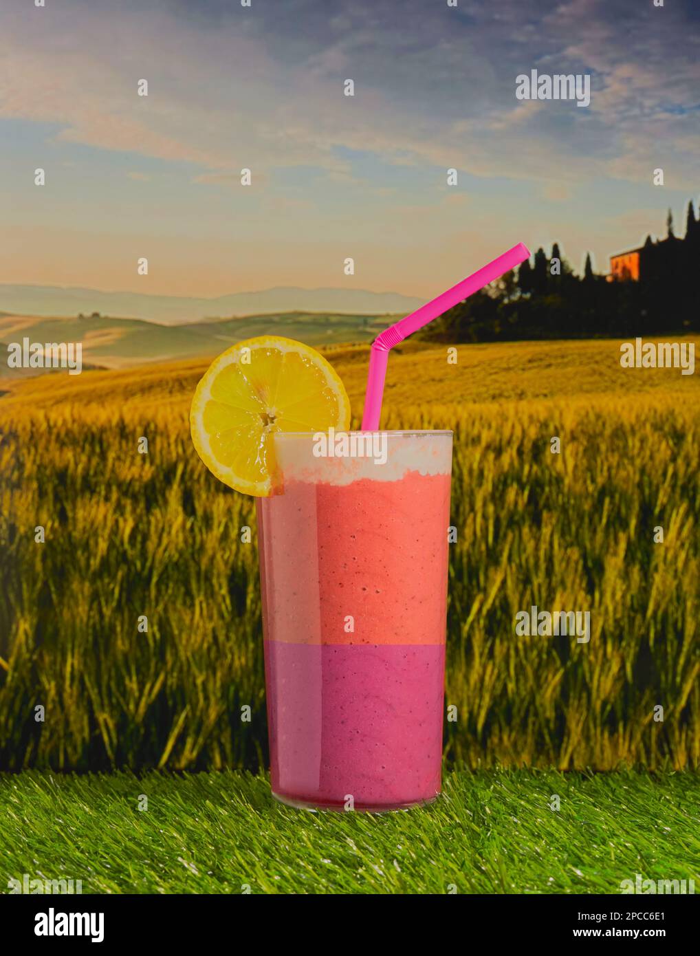 Coloured smoothie drink garnished with a lemon segment resting on some ...