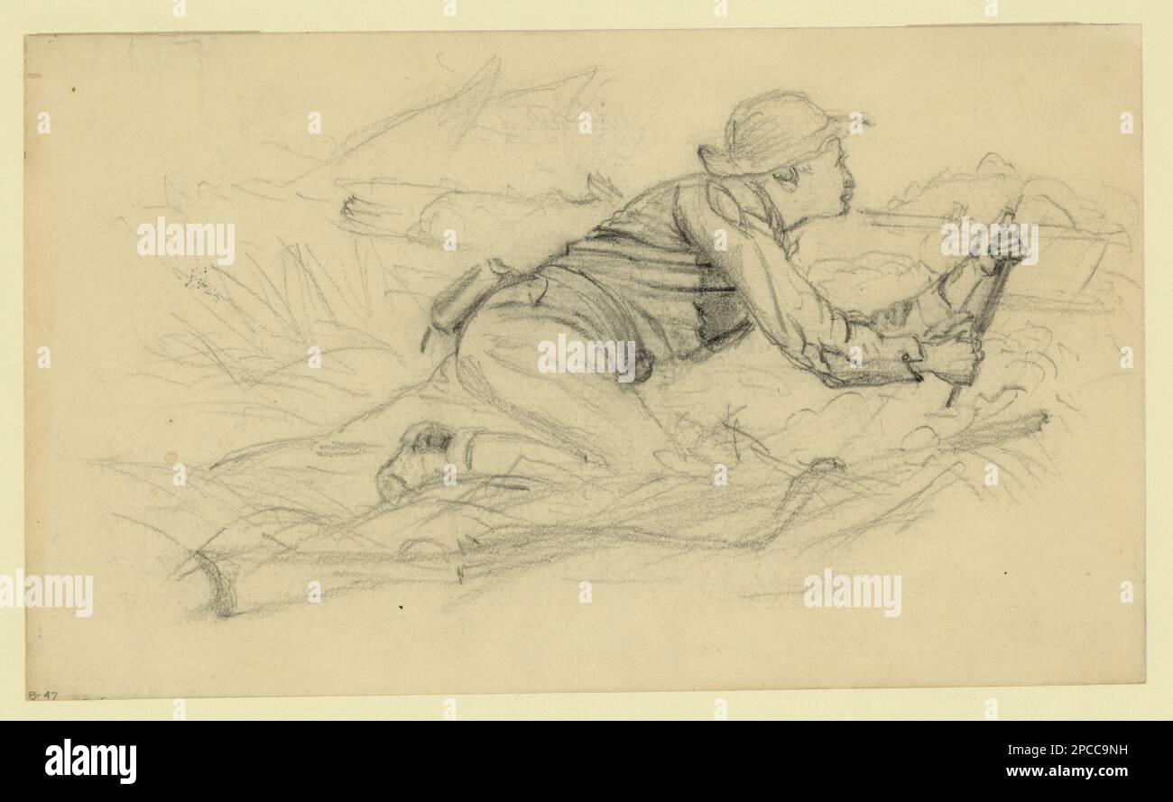Soldier peering over a log. Morgan collection of Civil War drawings ...