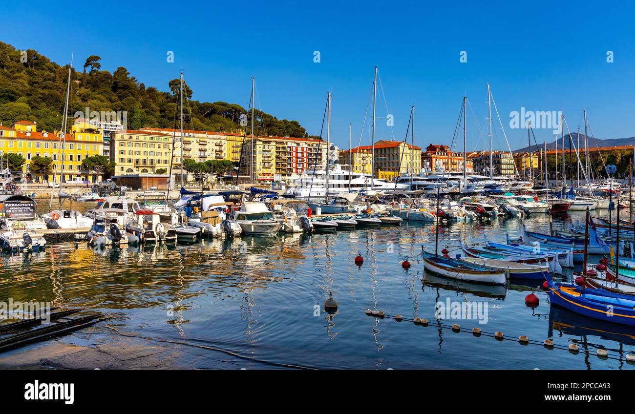 Nice, France - August 5, 2022: Nice port with yachts, boats and pierces ...