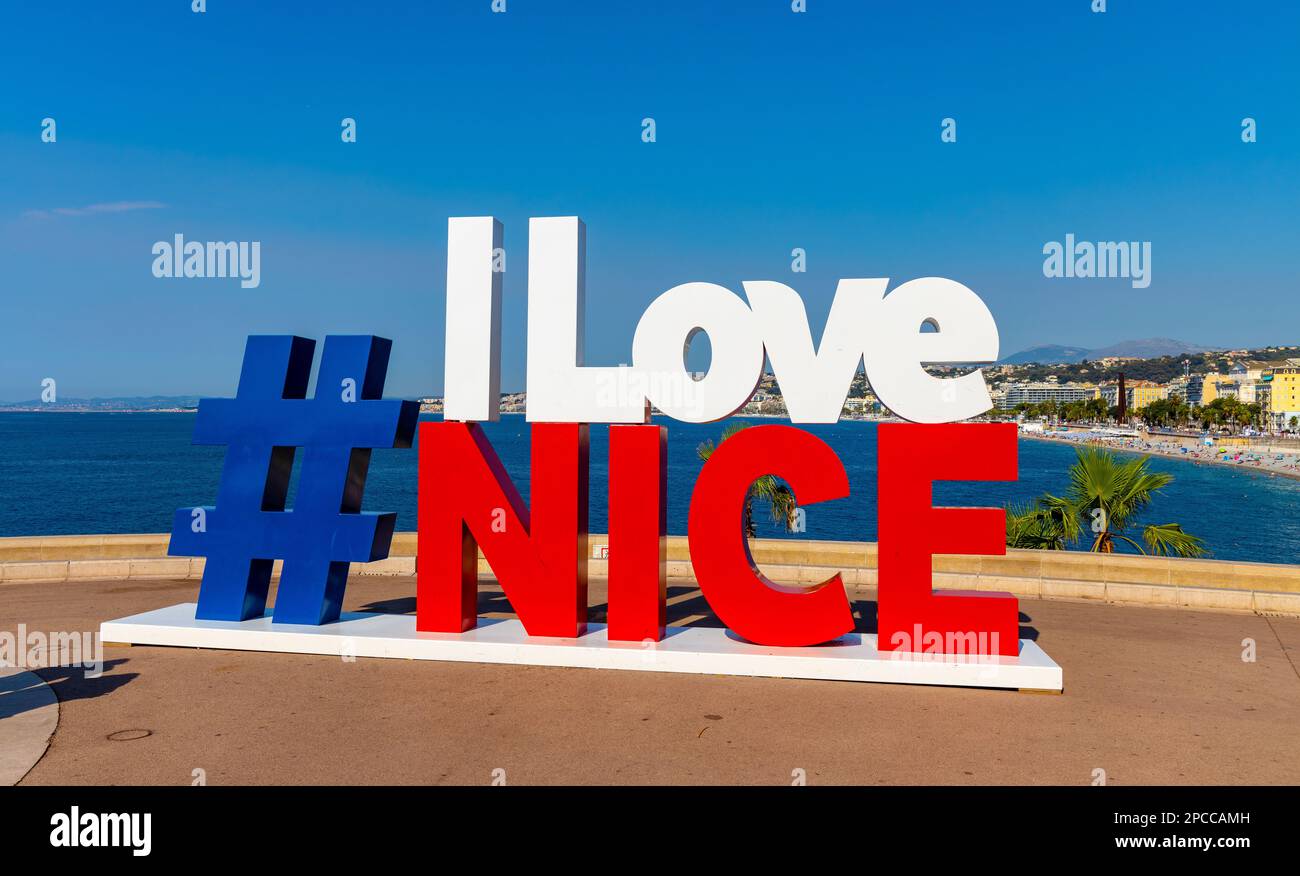 Nice, France - August 5, 2022: I love Nice sign at Quai Rauba Capeu ...