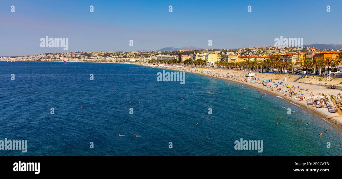 Nice, France - August 5, 2022: Nice shore and beach panorama with Prom ...