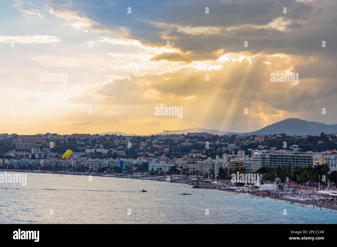 Nice, France - July 28, 2022: Nice shore and beach panorama with Prom ...