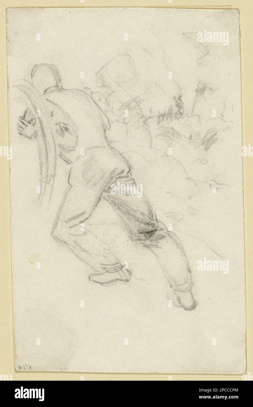 Soldier pushing against a stuck wagon wheel. Morgan collection of Civil ...