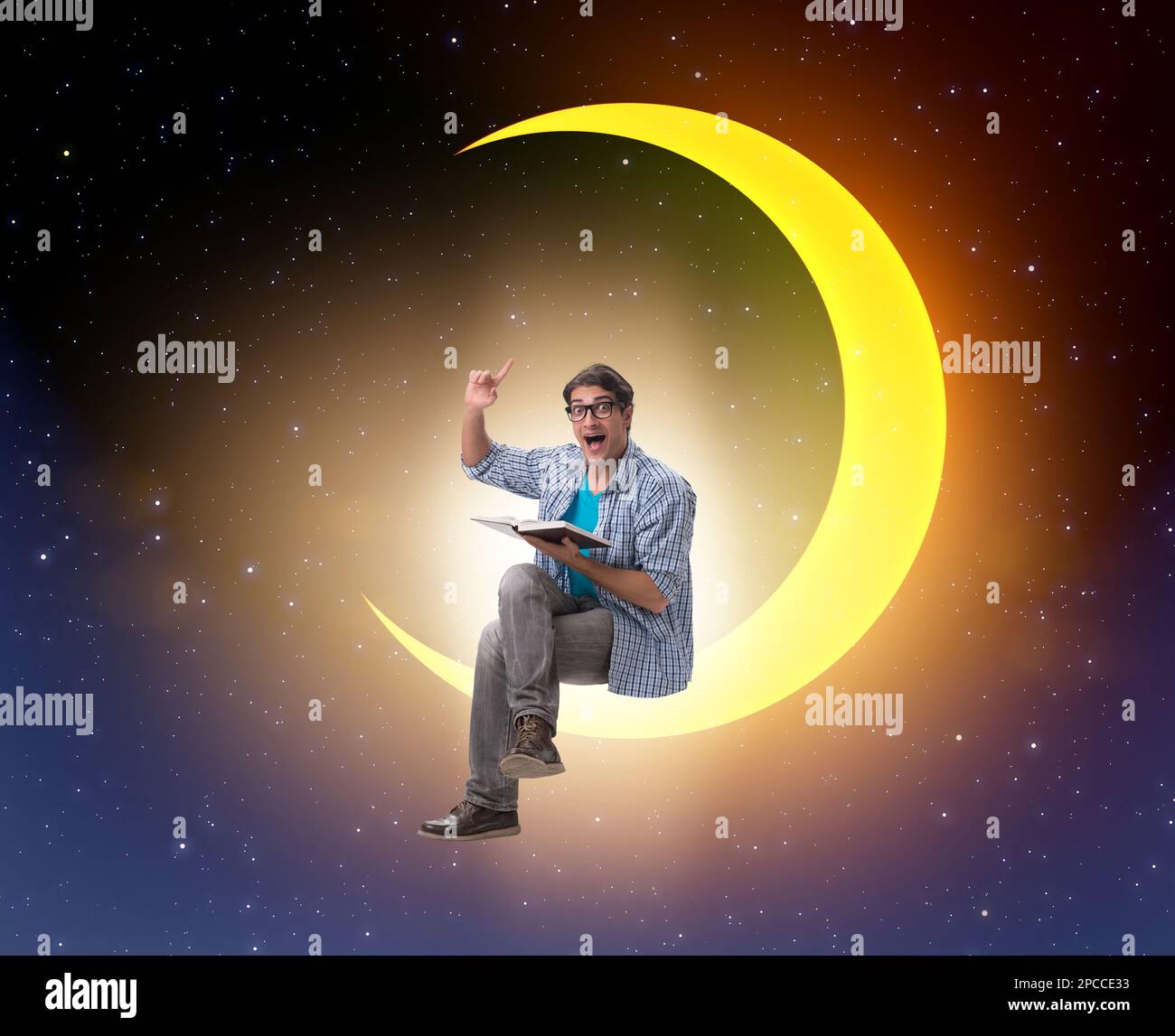 The student reading book on the moon crescent Stock Photo - Alamy