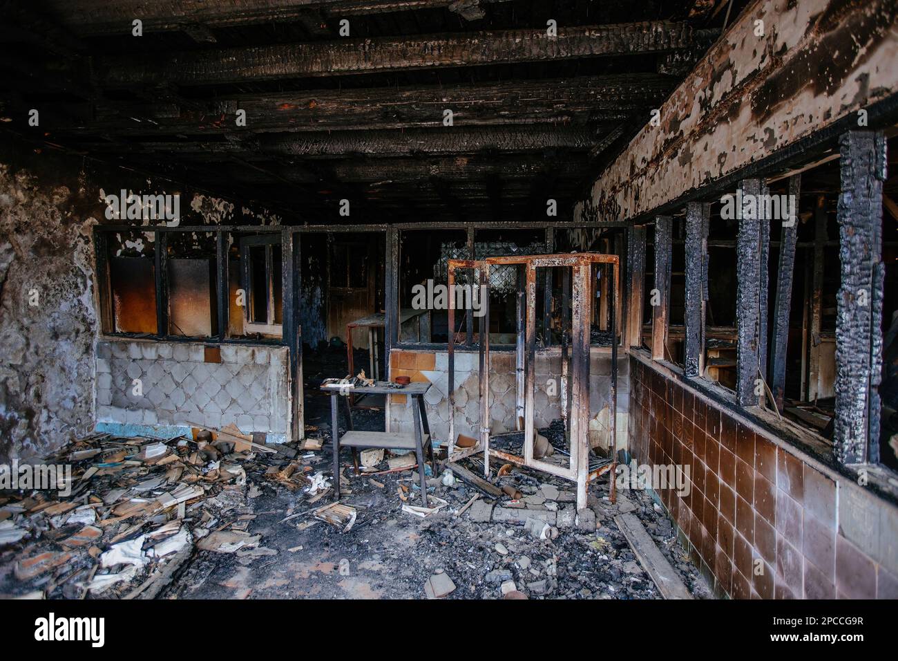 Burned interiors of hospital. Fire or war consequences concept Stock ...