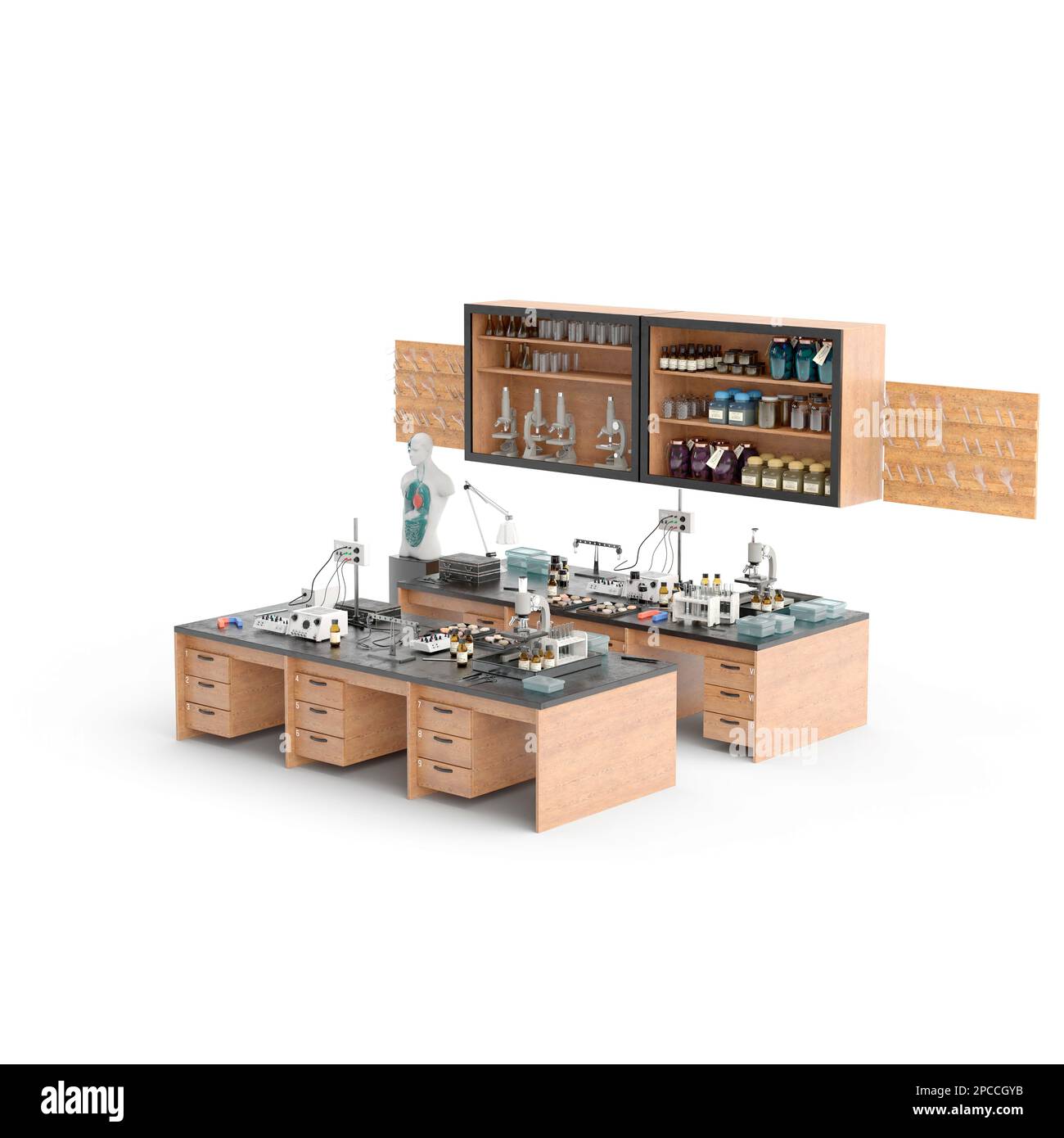 Wooden desks 3D render lab items workspace office interior business ...