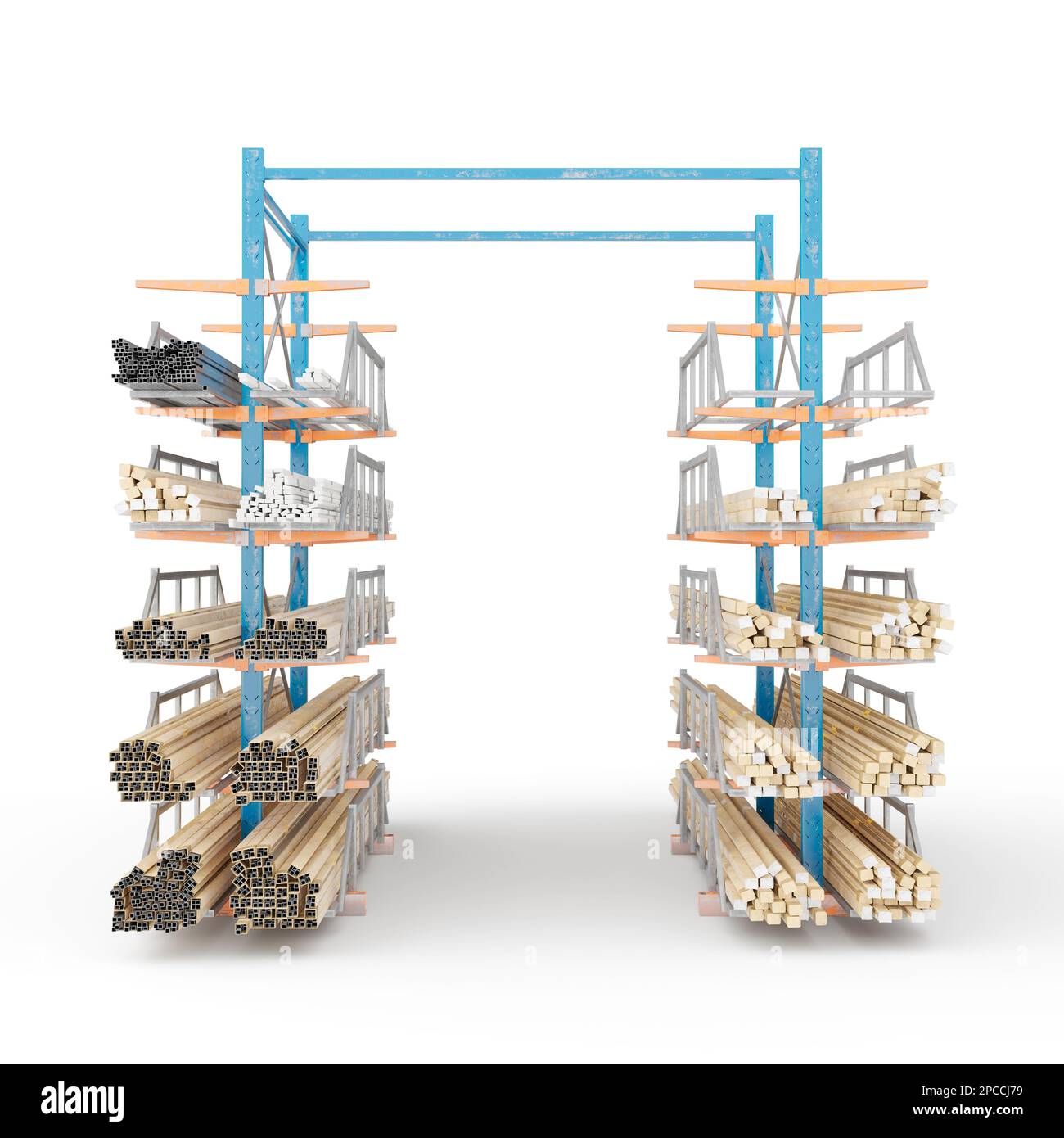 Blue shelves filled with metal poles and wooden planks 3D rendering ...