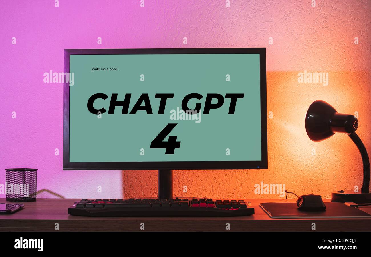 Chat Gpt 4 on monitor pc with neon background Stock Photo - Alamy