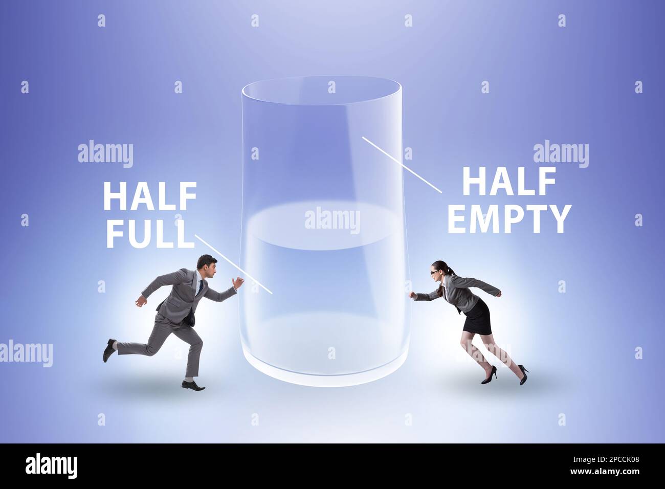 Businessman in the half empty half full glass concept Stock Photo - Alamy
