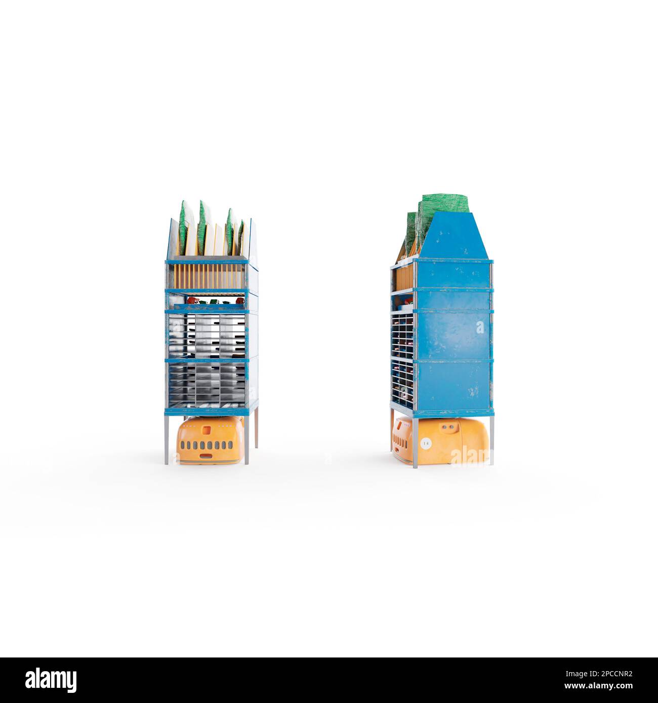 Two blue tool sheds 3D rendering isolated white background modern ...